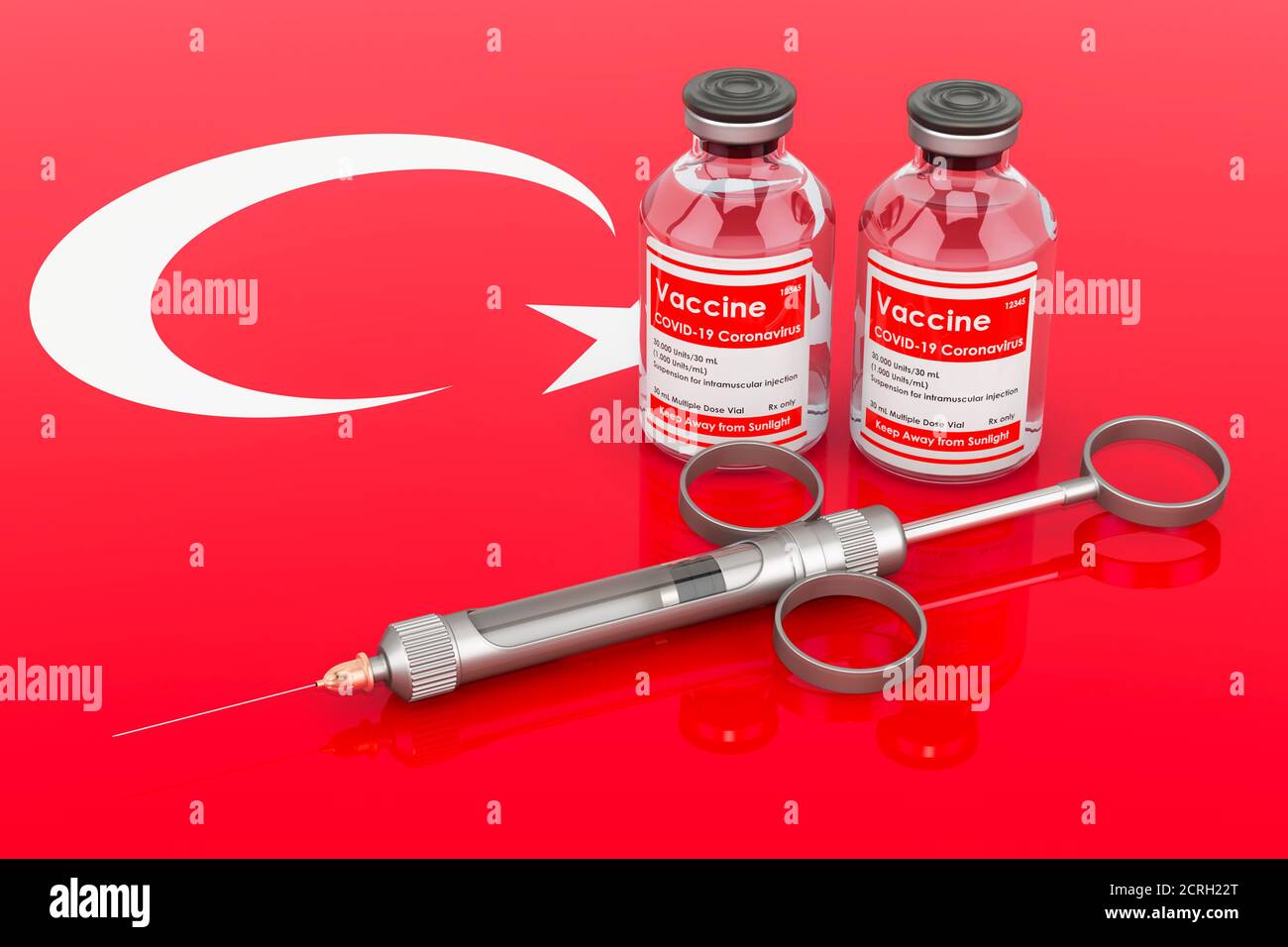 Vaccination in Turkey concept. Vaccine bottles with syringe on the ...