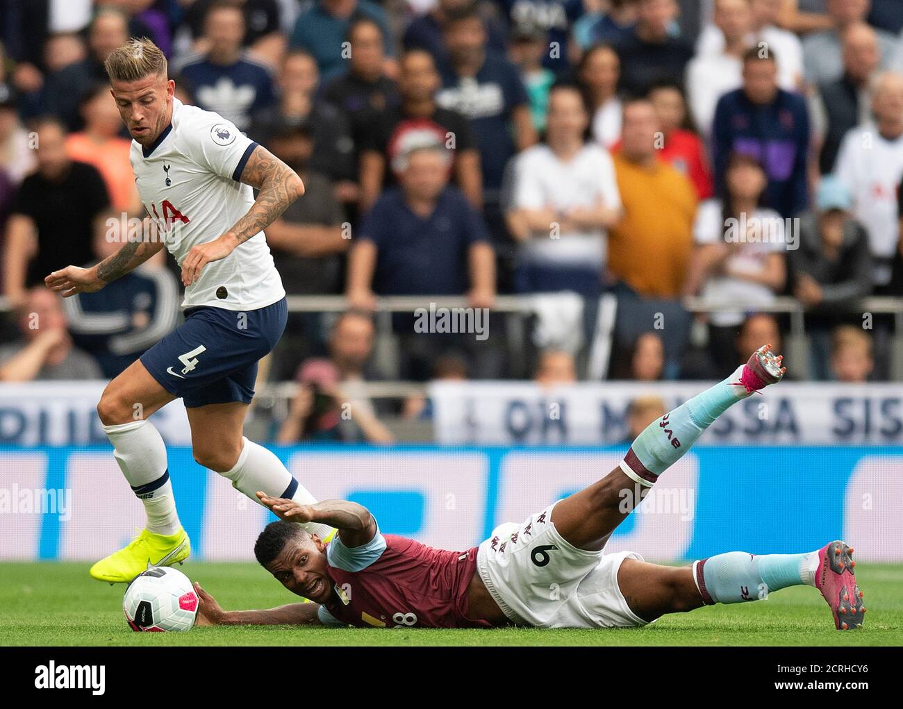 Tottenham Hotspurs Toby Alderweirald tussles with Aston Villas Wesley ...