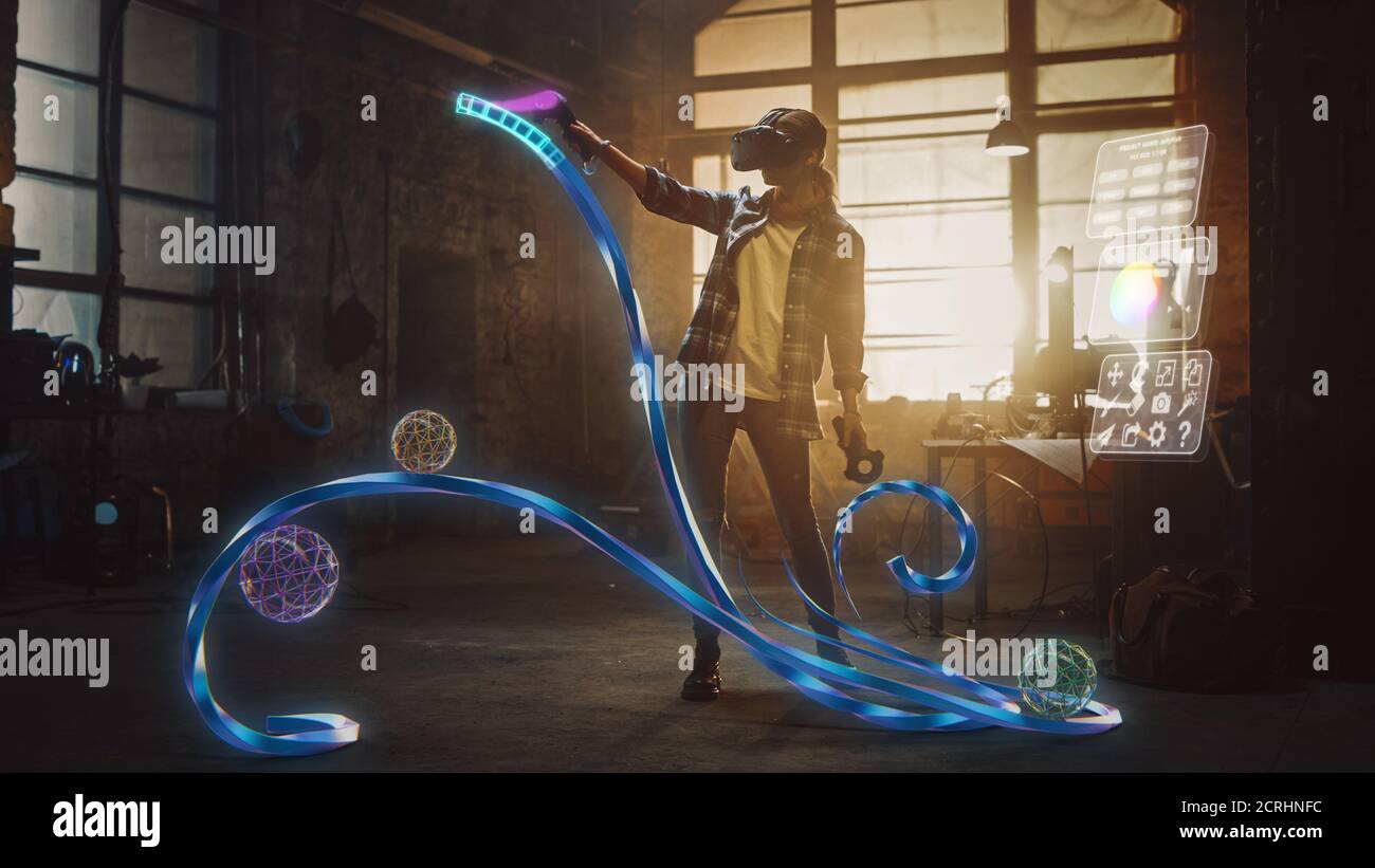 Talented Female Artist Wearing Augmented Reality Headset Working on ...