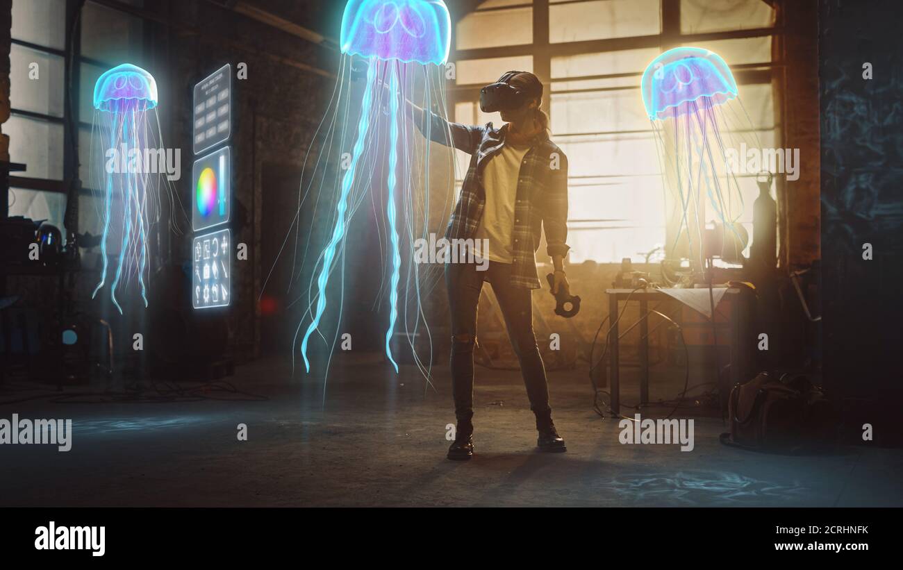 Female Artist Wearing Augmented Reality Headset Working on Abstract 3D ...