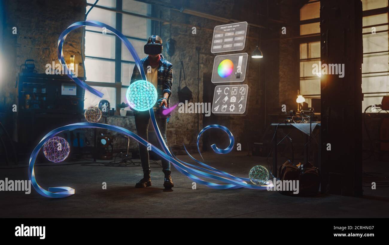 Talented Female Artist Wearing Augmented Reality Headset Working on ...