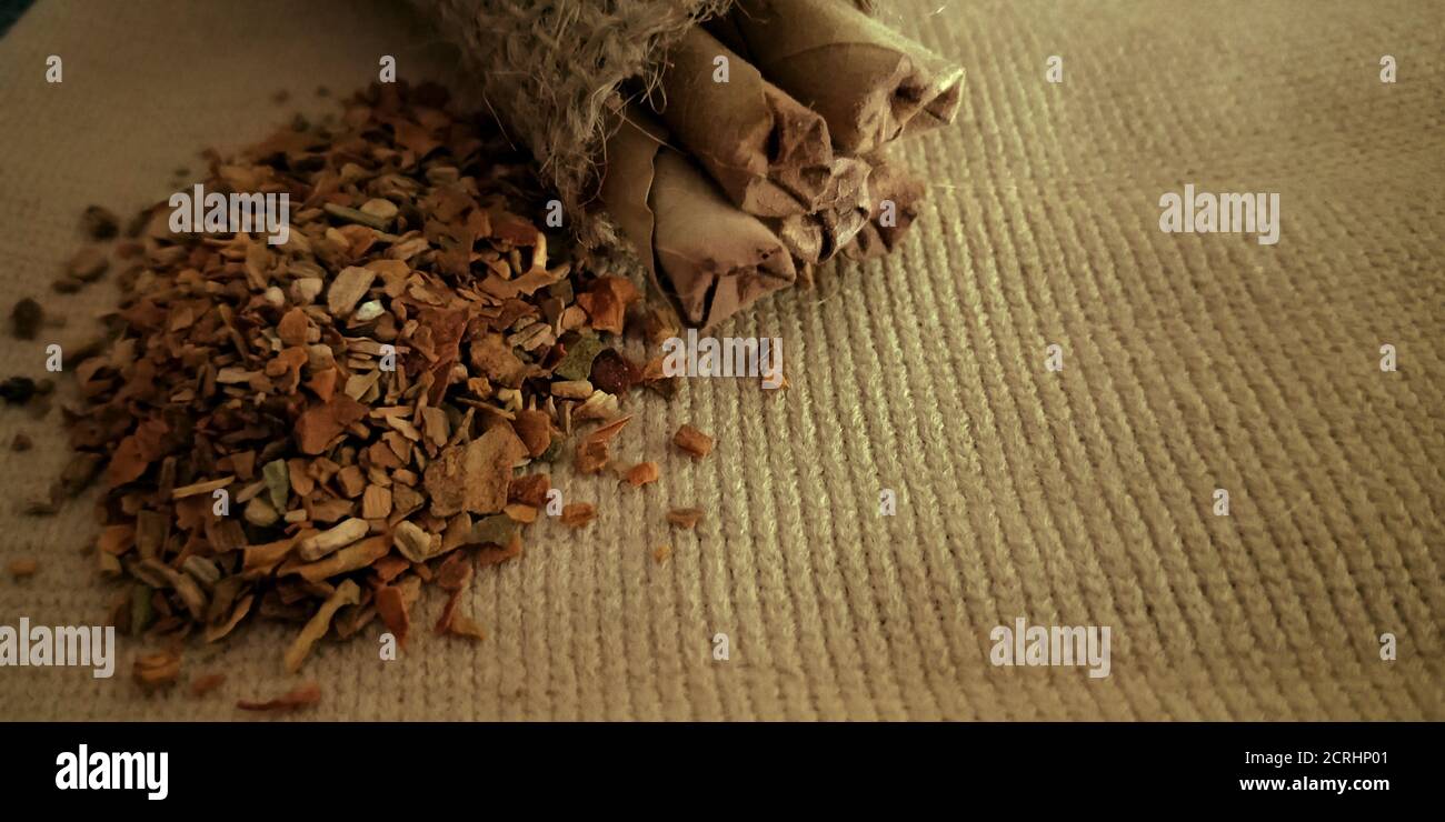 tobacco and Bidi cigarette on brown sack mat background, pack of ...