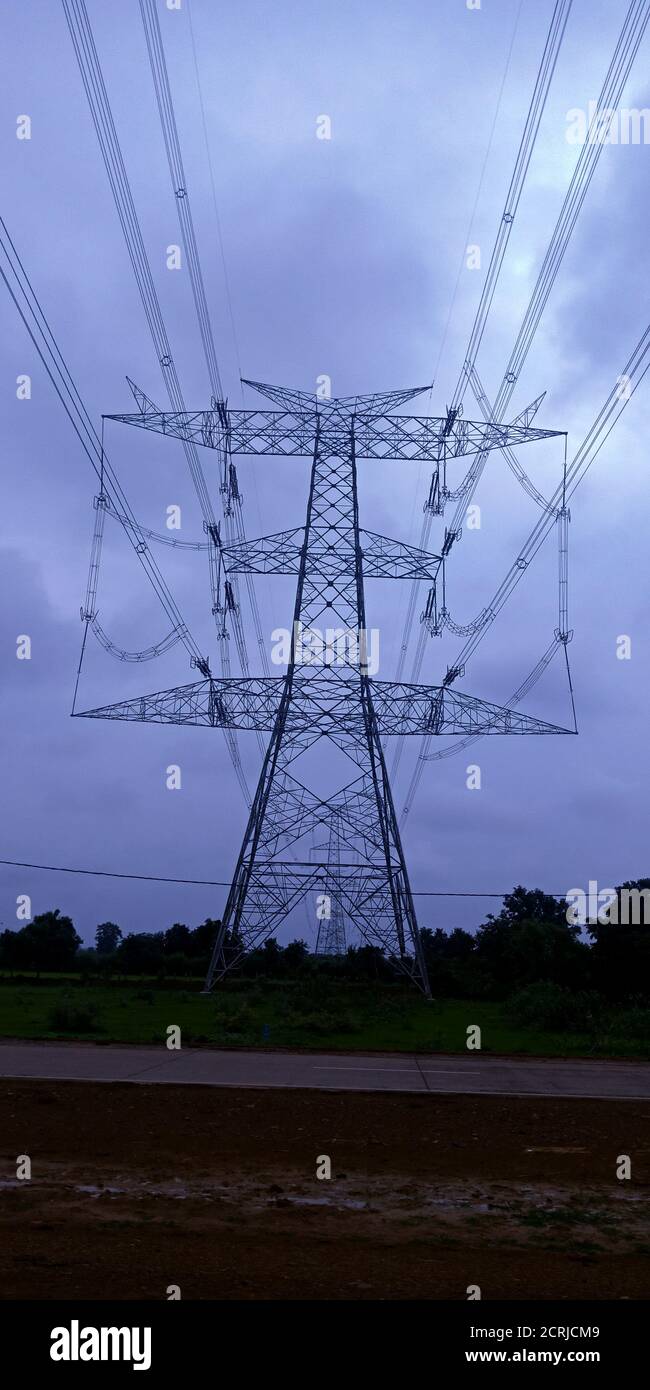 Electric tower with wire supply connection on sky background Stock ...