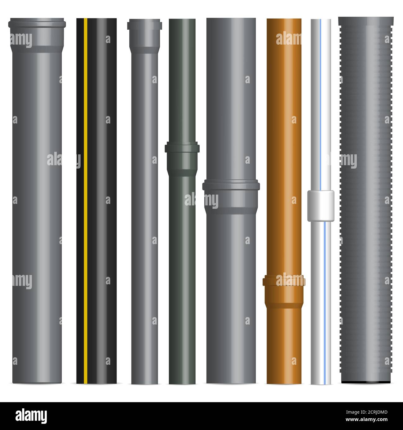 Set of various plastic pipes for sewage, water pipe with connecting ...