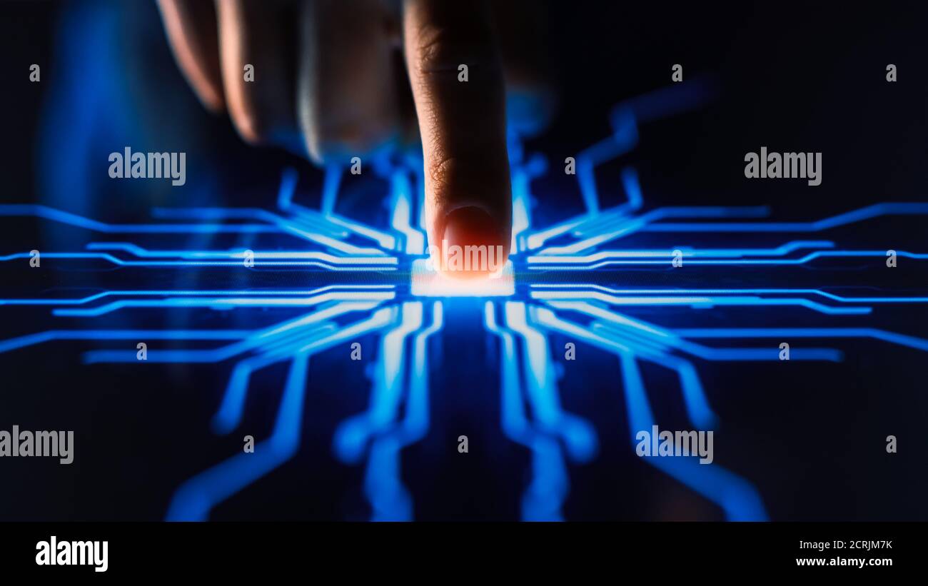 Digitalization Concept: Human Finger Pushes Touch Screen Button and ...