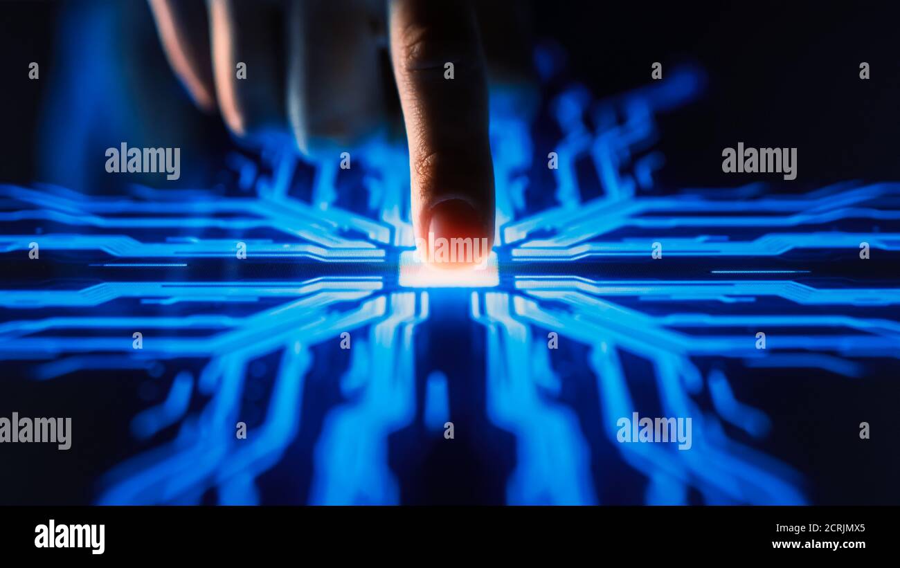 Digitalization Concept: Human Finger Pushes Touch Screen Button and ... Digitalization Concept: Human Finger Pushes Touch Screen Button and ...