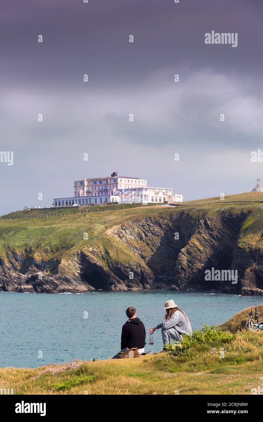 The iconic Atlantic Hotel overlooking the Newquay Bay in Cornwall Stock ...