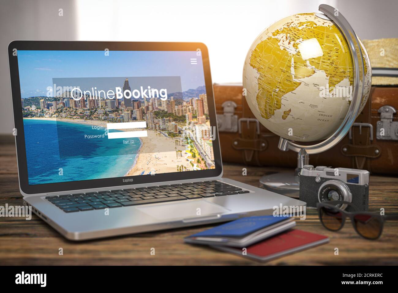 Online booking, travel destinations and tourism concept. Laptop, globe ...