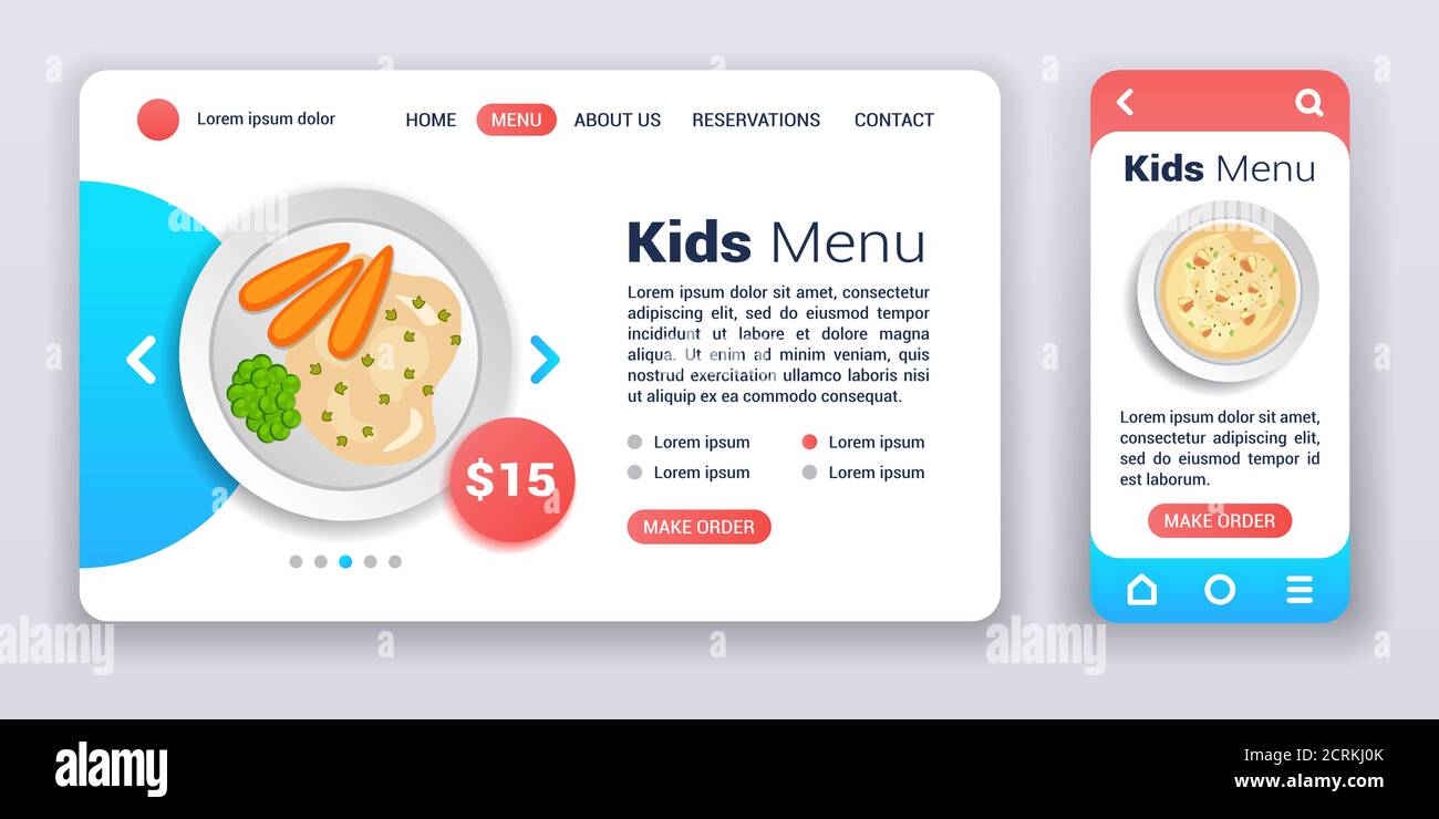 Kids menu web banner and mobile app kit. UI UX GUI user interface Stock ...