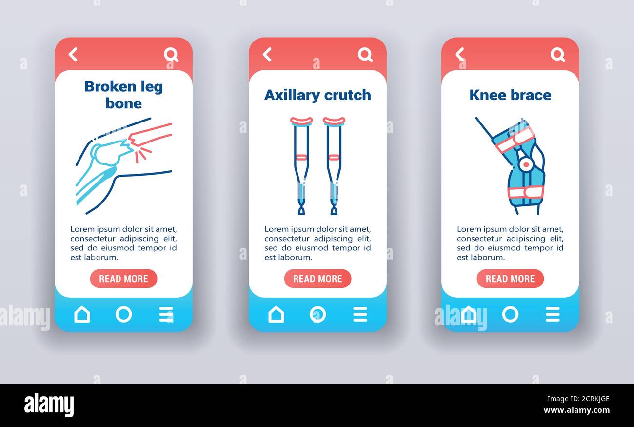 Injury and leg treatment on mobile app onboarding screens Stock Vector ...