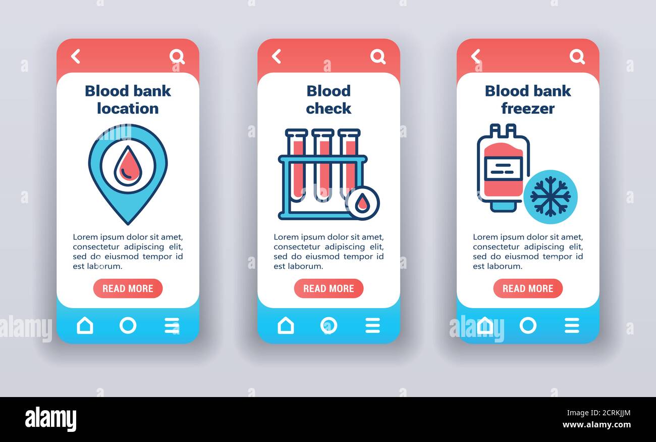 Blood bank on mobile app onboarding screens. Storage for transfusion ...