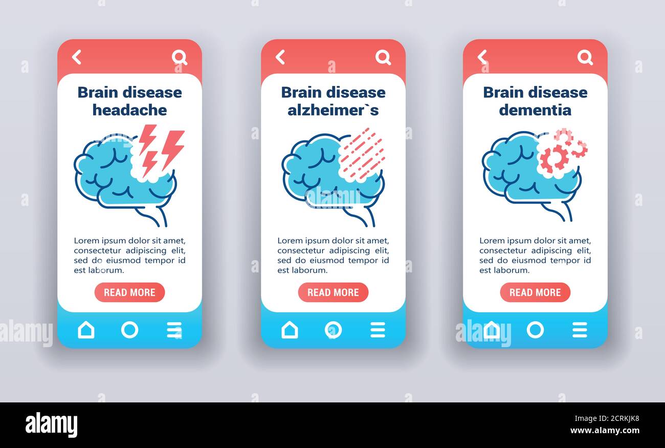 Brain disease on mobile app onboarding screens. Line icons, headache ...