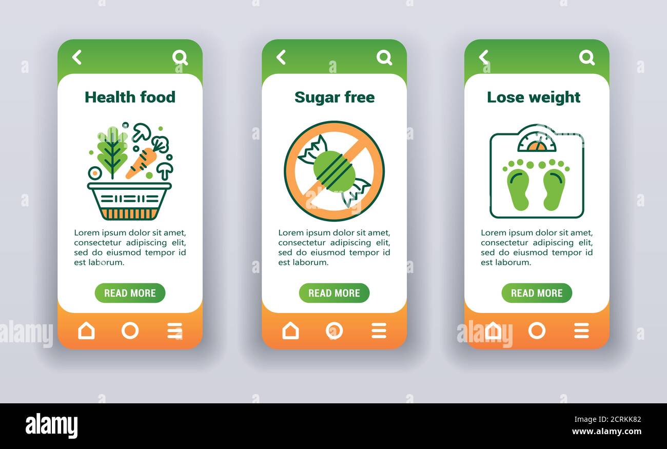Diet and health lifestyle on mobile app onboarding screens. Line icons ...