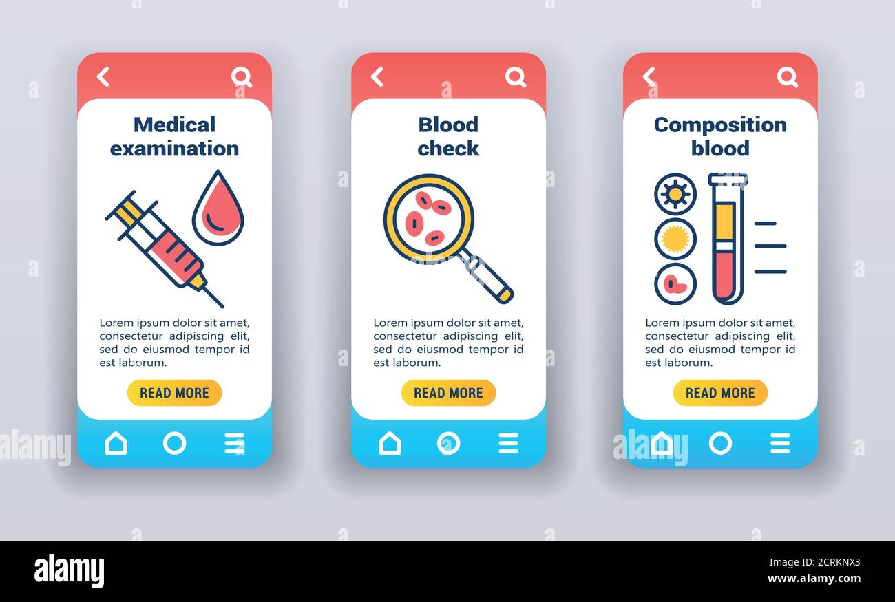 Test blood on mobile app onboarding screens. Line icons, medical exam ...