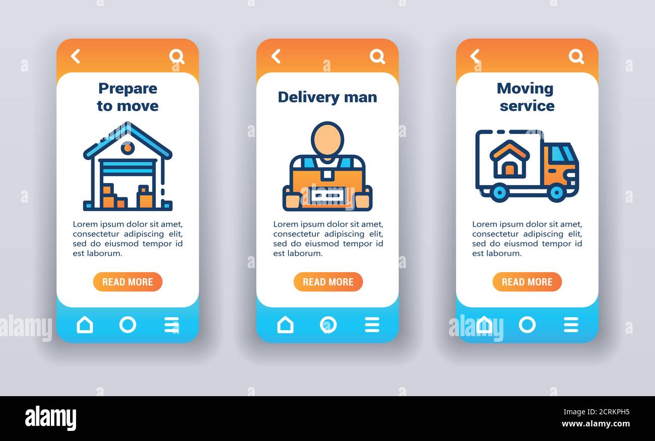 Moving service and loading boxes on mobile app onboarding screens ...