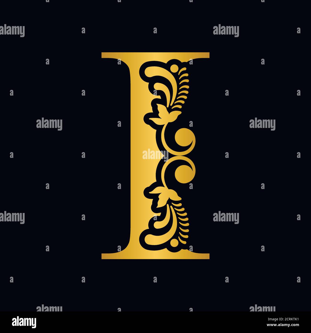 Gold letter I . Vintage golden flower ornament initial letters ...