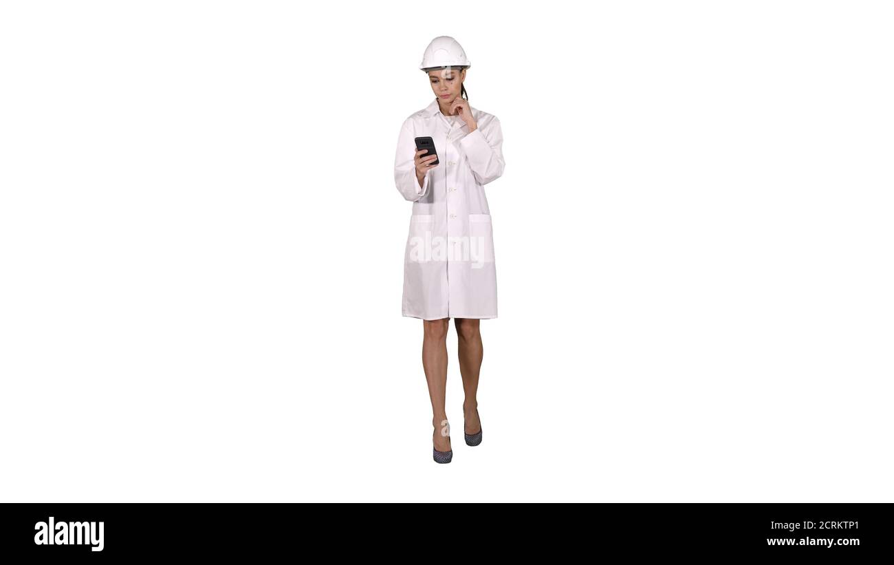 Scientist Using Phone Texting Message on white background Stock Photo ...