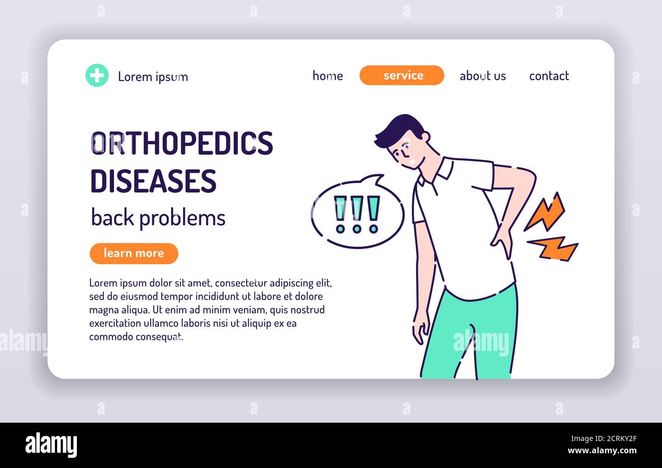 Orthopedics diseases web banner. Man with back pain. Isolated cartoon ...