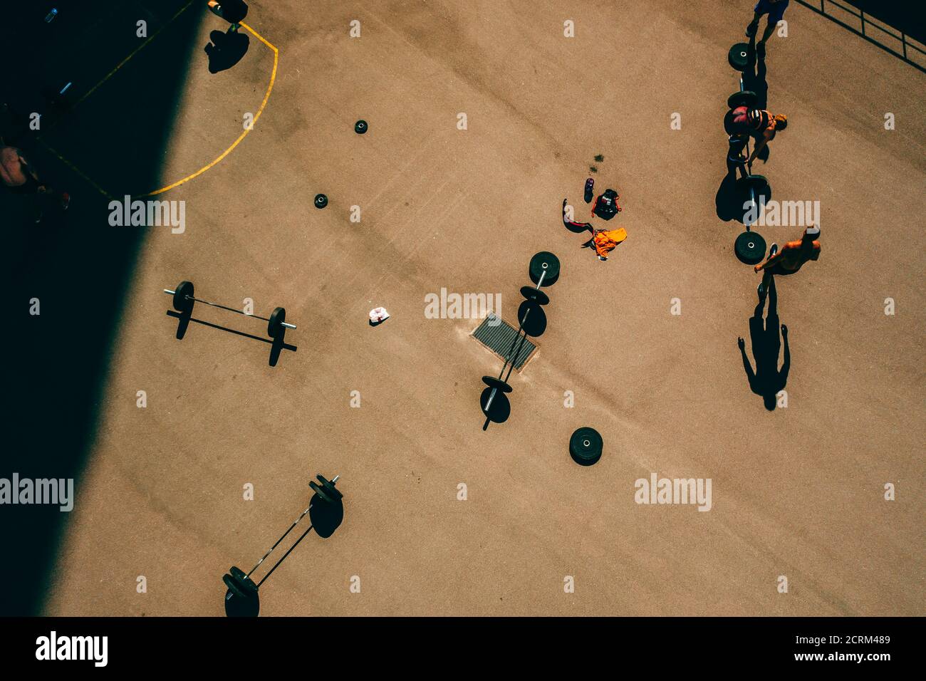 Aerial footage of a sports ground, people doing weightlifting Stock ...