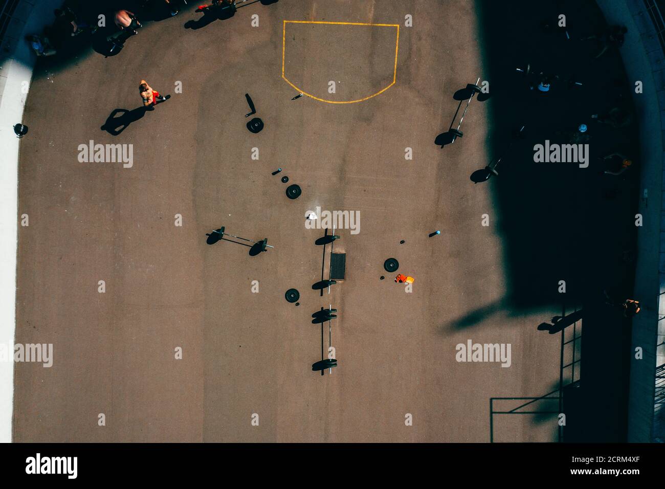 Aerial footage of a sports ground, people doing weightlifting Stock ...