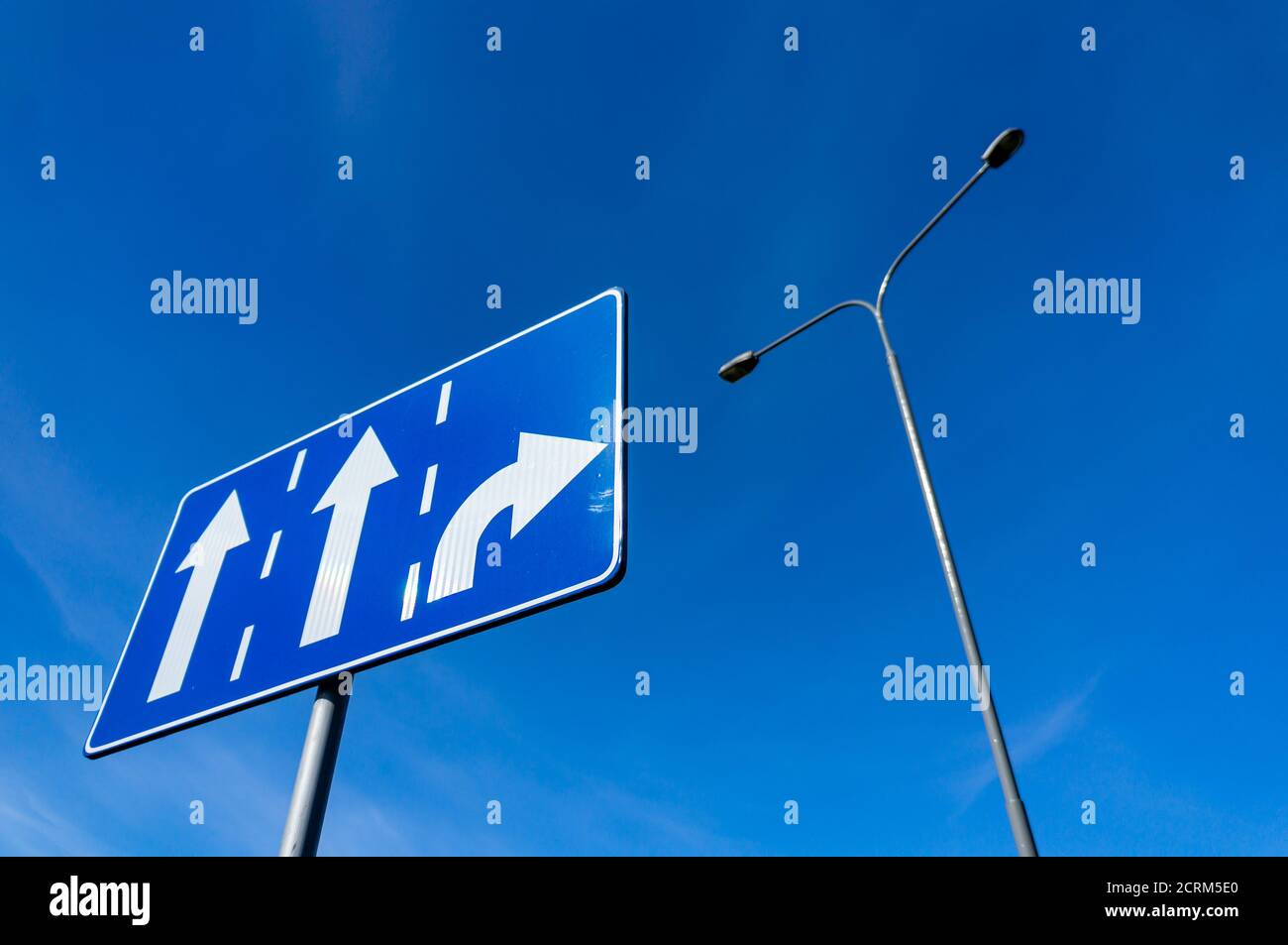 Blue road sign indicating the movement direction and a street lamp ...