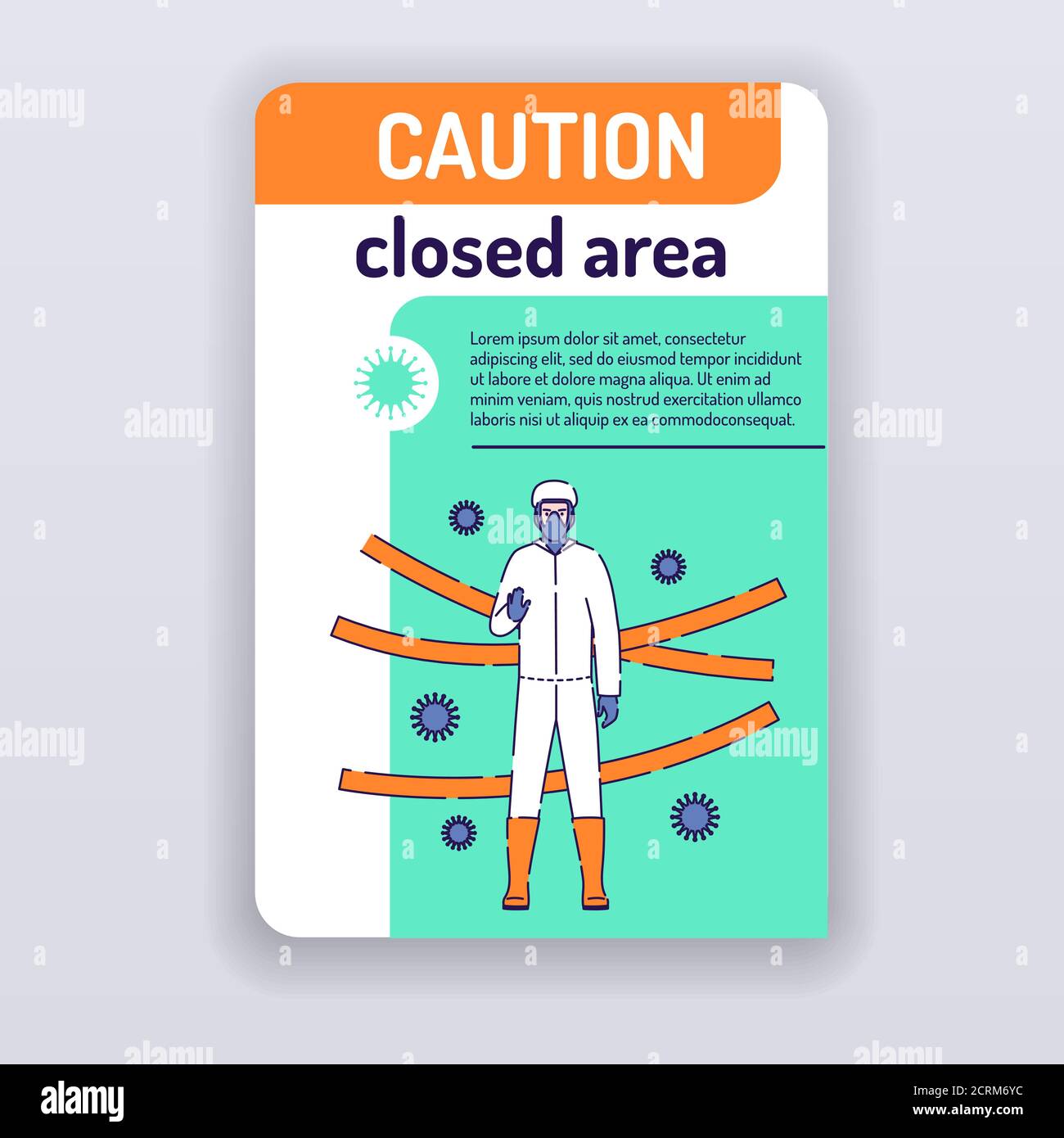 Caution danger brochure template. Closed area cover design. Man in ...