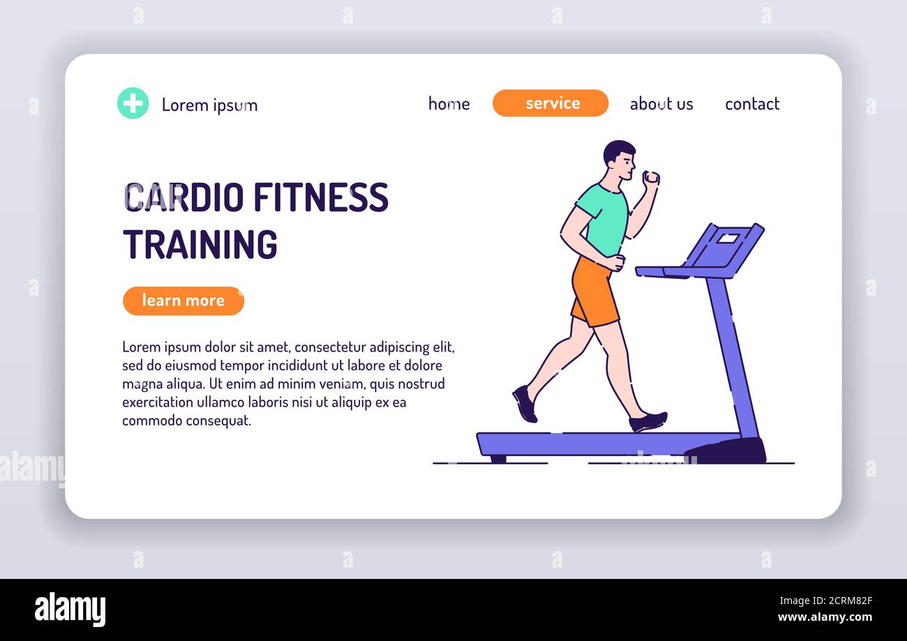 Man running on a treadmill web banner. Cardio workout. Isolated cartoon ...