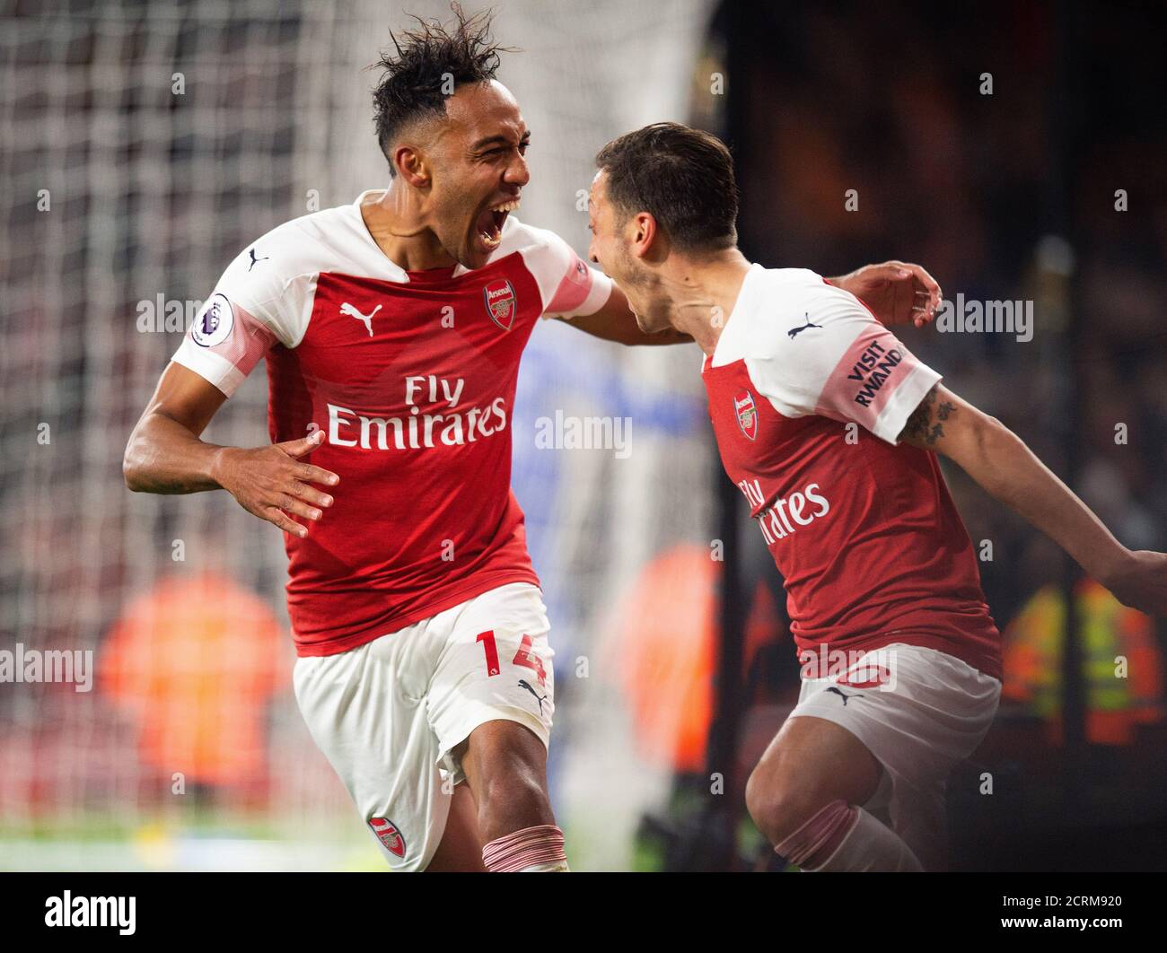 Arsenal's Pierre-Emerick Aubameyang celebrates his second goal with ...