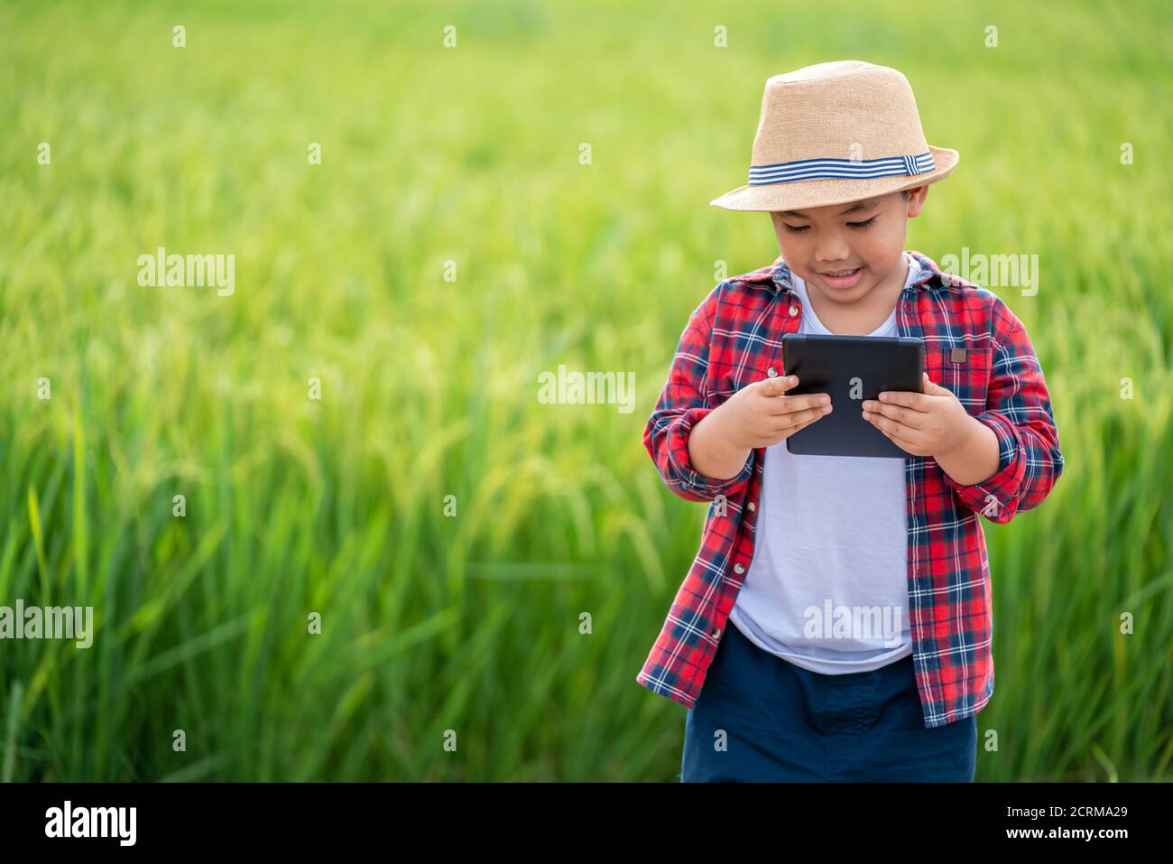 Asian Little boy watching tablet and interested in learning the ...
