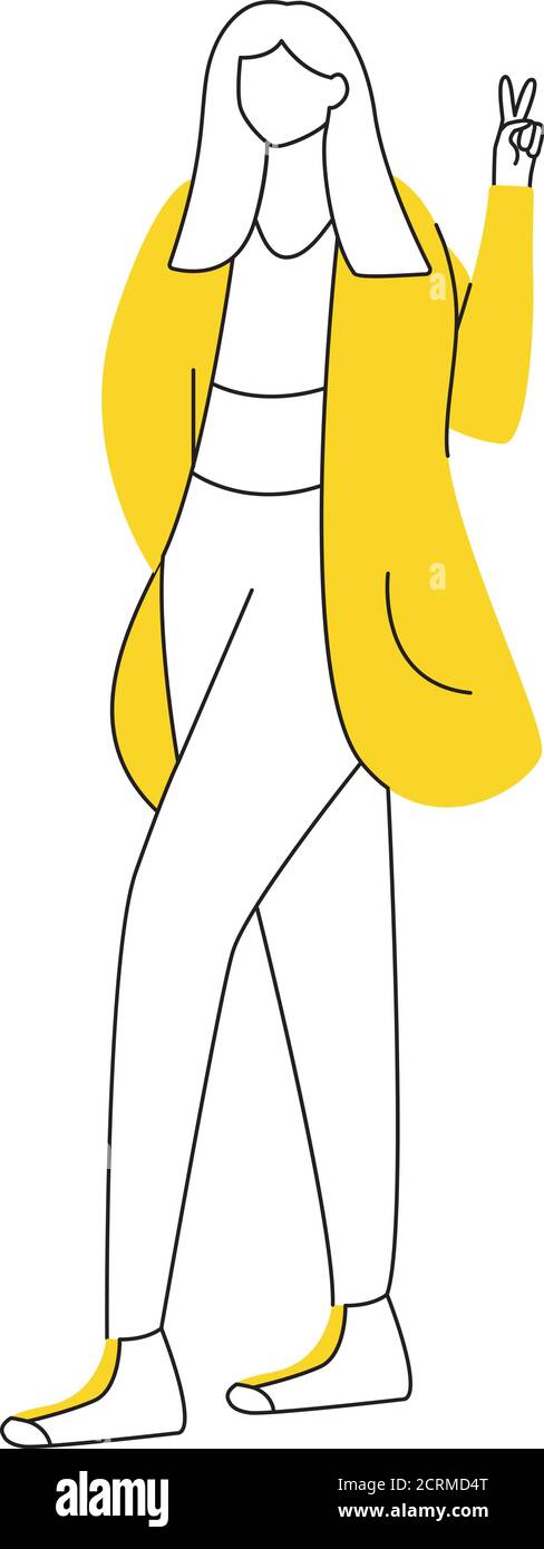 Teen girl shows v sign flat contour vector illustration. Young woman in ...