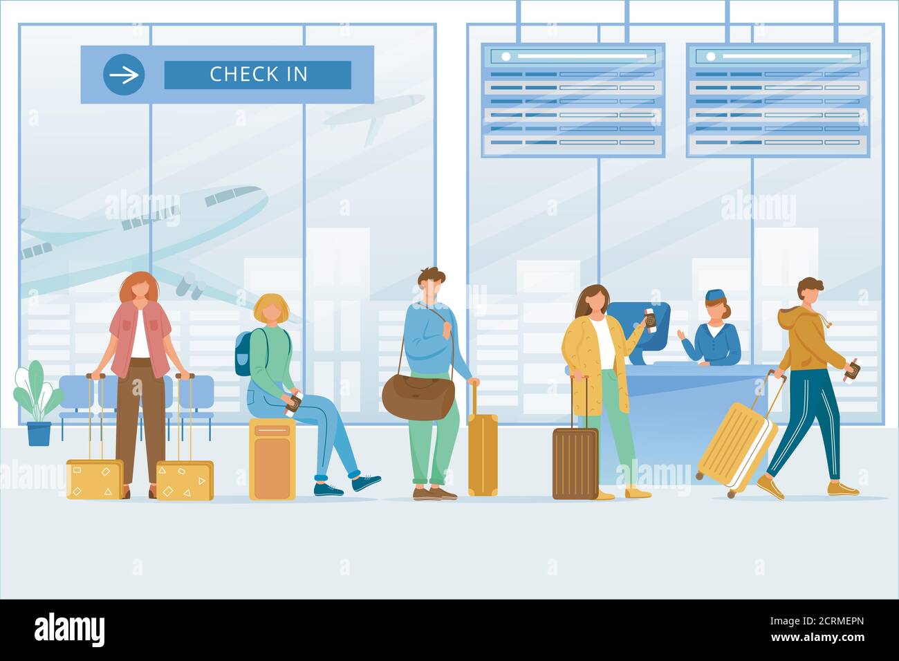 Check in airport zone flat vector illustration. Travelers with luggage ...