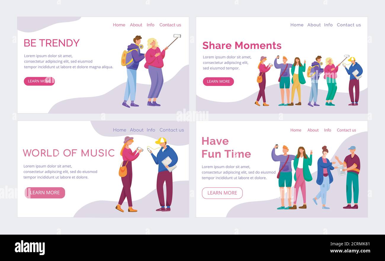 Teenager culture landing page vector template set. Millennials website ...