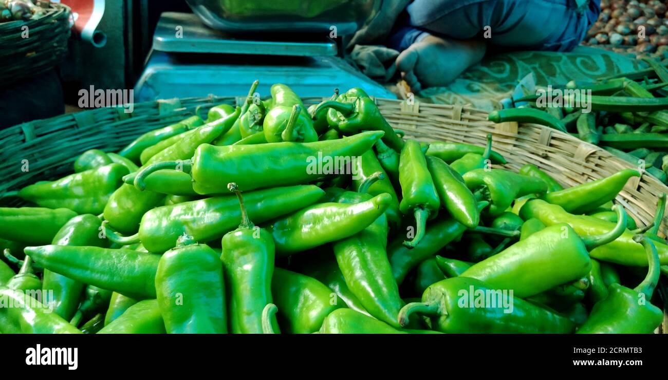 Fresh green chillies isolate with mix agriculture produce farmers ...