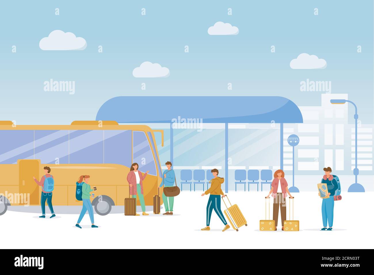 Bus station platform flat vector illustration. Public transport service ...