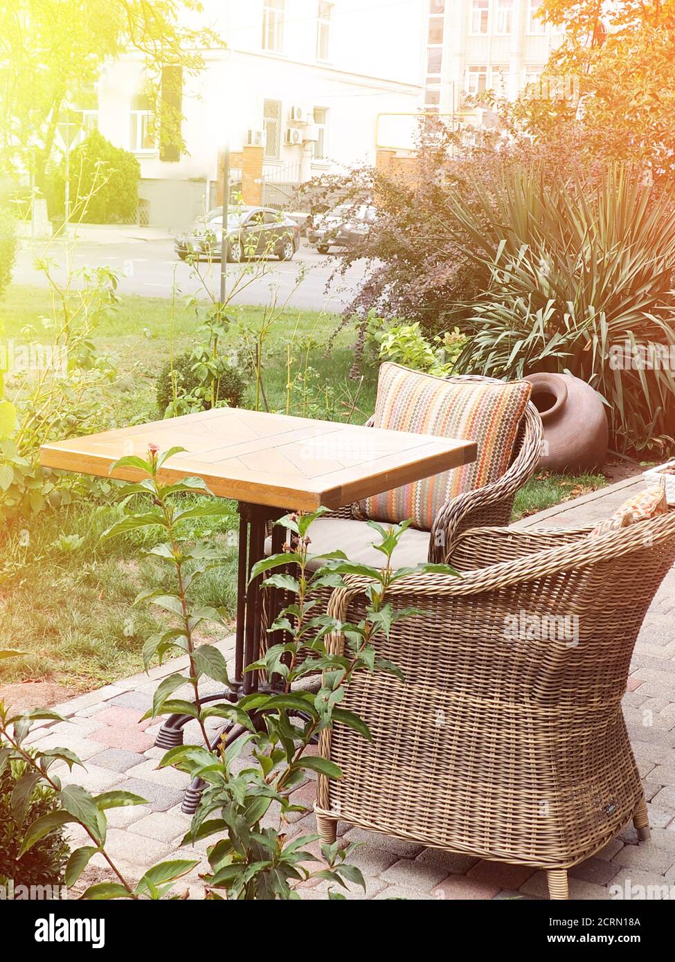 Vintage outdoors cafe, Street view of a coffee terrace with tables and ...