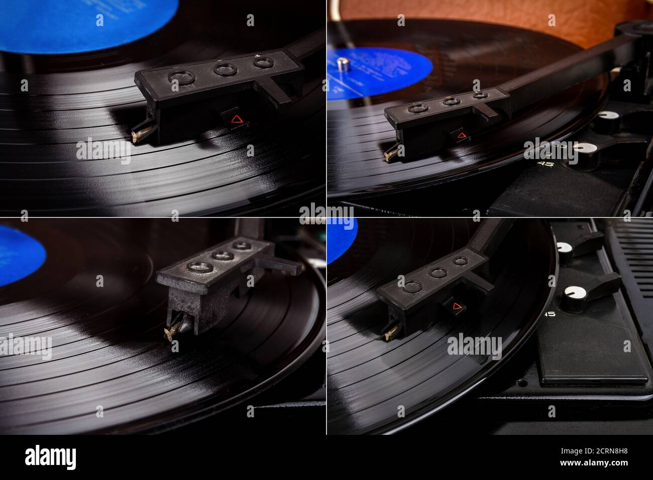 Collection of images with turntable needle on a vinyl record. Vintage ...