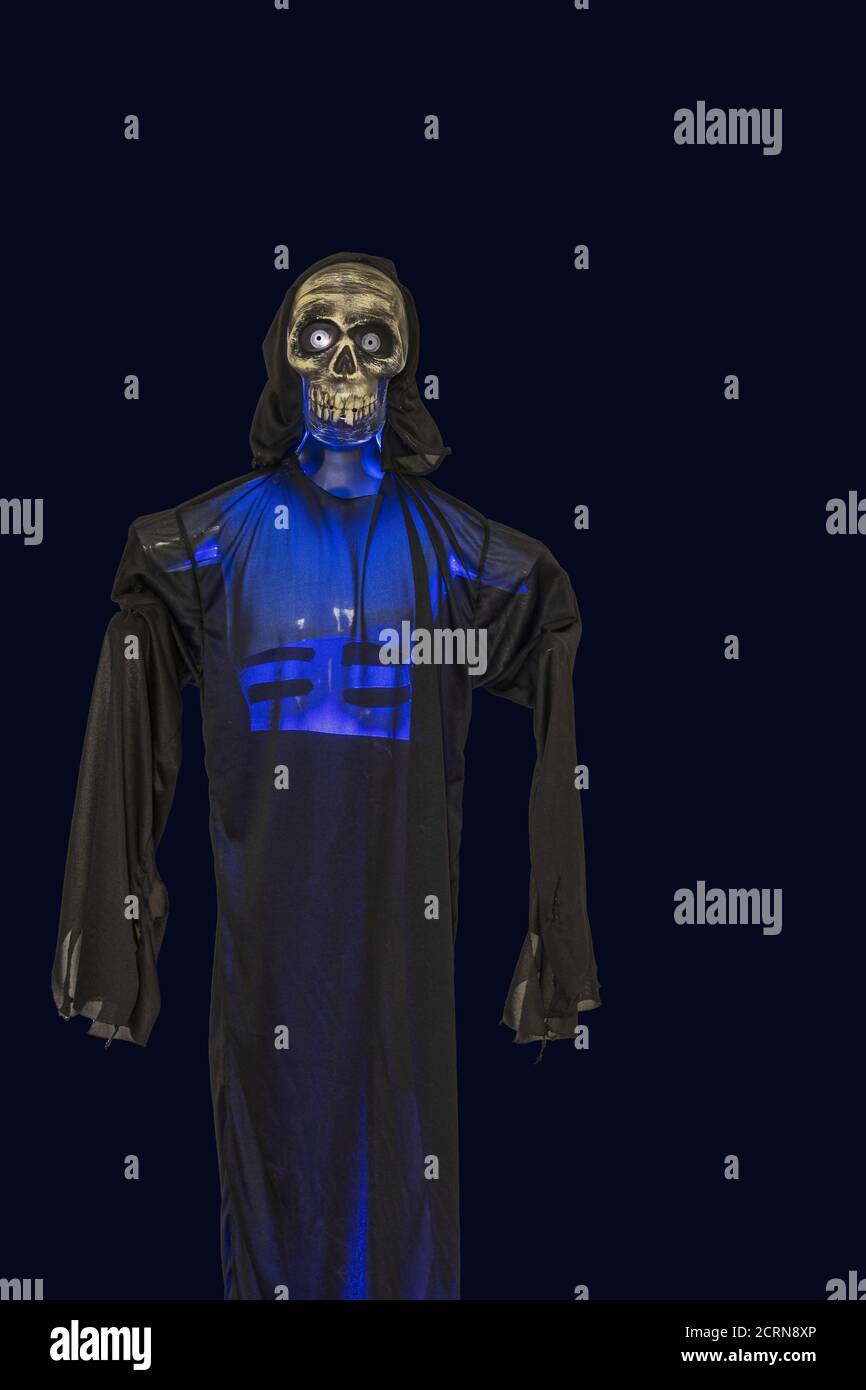 Close up view of blue lighted skeleton head on black background ...