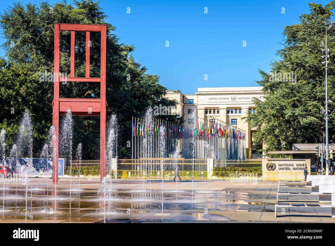 The "Broken Chair" sculpture stands in the Nations square, opposite the ...
