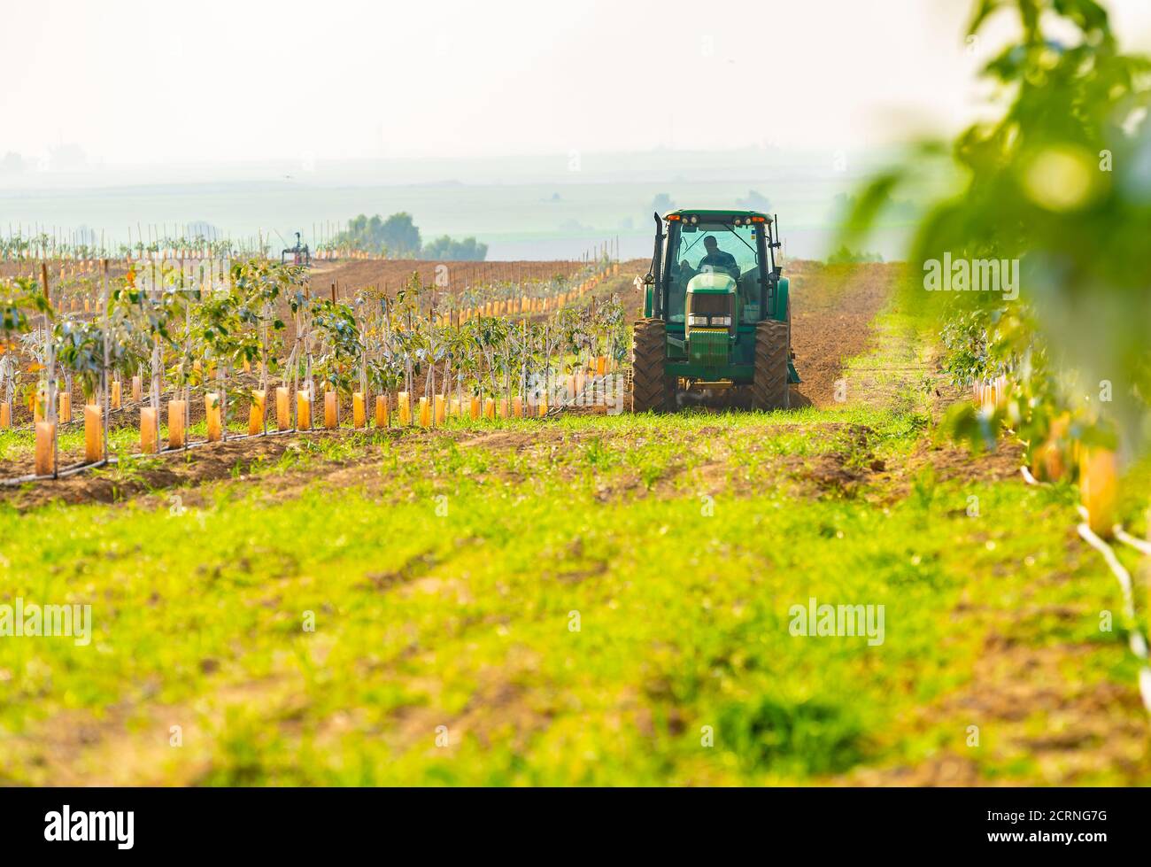 rural landscape, tractor cultivates agricultural land Stock Photo - Alamy