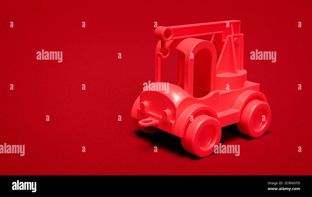 Red plastic toy truck on red background. 3D illustration. Children toys ...