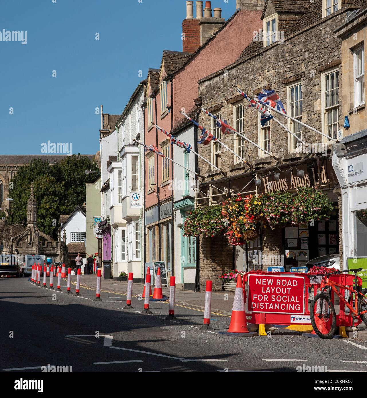 Malmesbury, Wiltshire, England, UK. 2020, Social distancing traffic ...