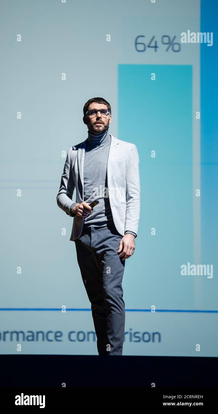 Live Event Stage: Speaker Presents New Product, Presentation of ...