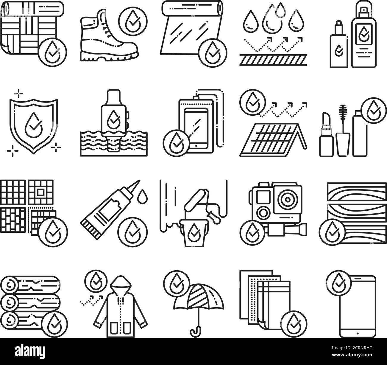 Waterproof tools black line icons set. Water repellent coating ...