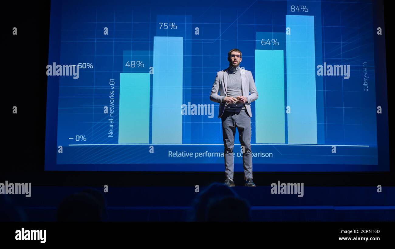On-Stage: Speaker Does Presentation of the New Electronic Product ...