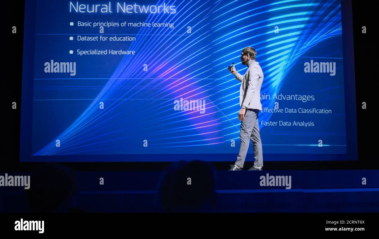 On-Stage: Handsome Speaker Presentation of the New Product, Shows ...