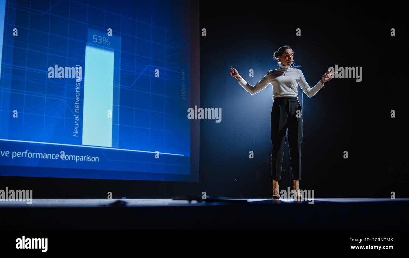 On-Stage Successful Female Speaker Presents Technological Product, Uses ...