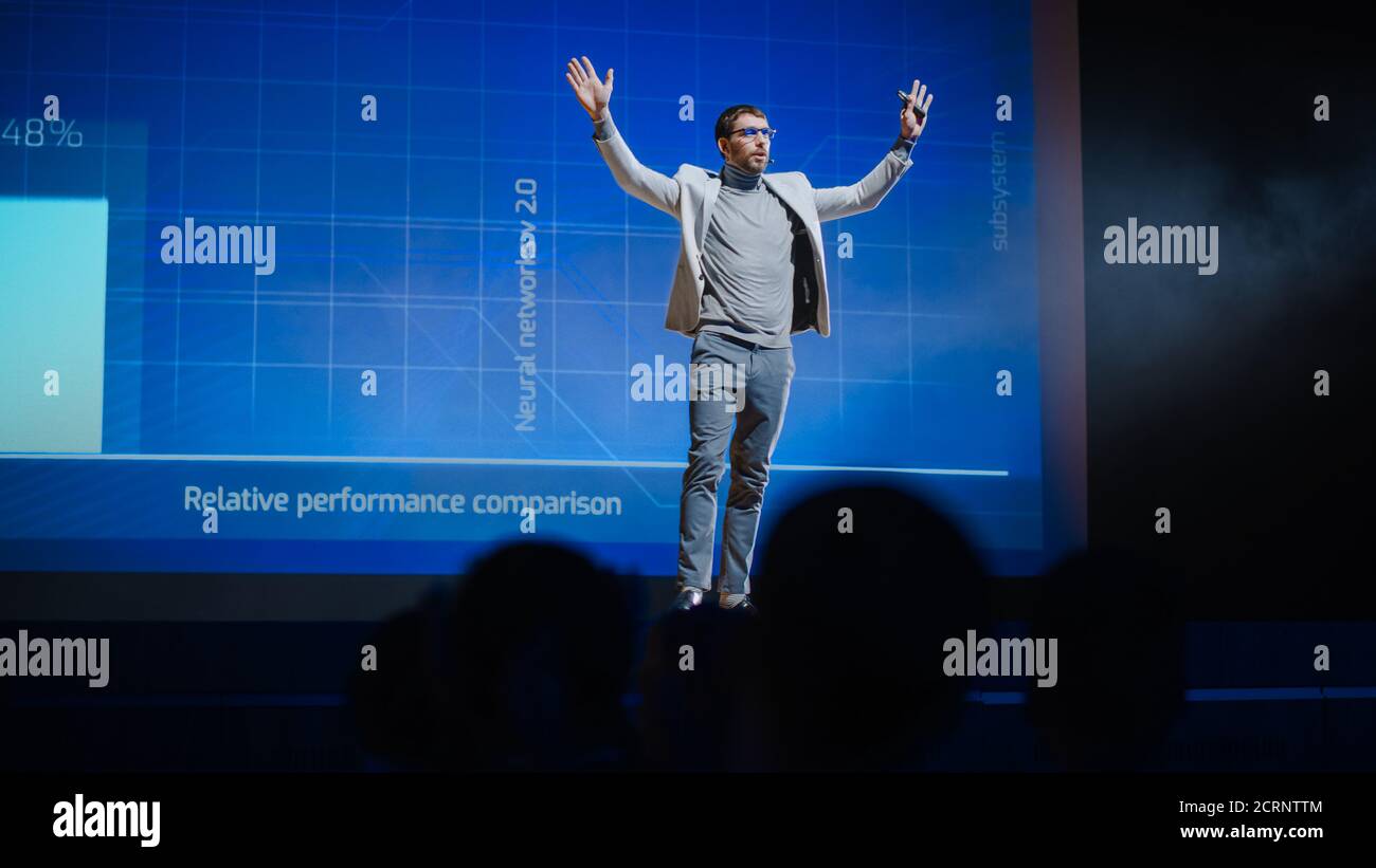 Successful Male Speaker Gets on Stage, Greets Audience and Does ...
