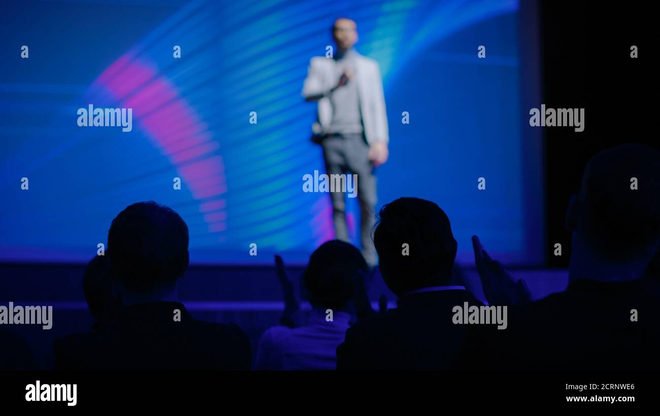 Tech Conference Auditorium Hall, Speaker Does Presentation New Product ...
