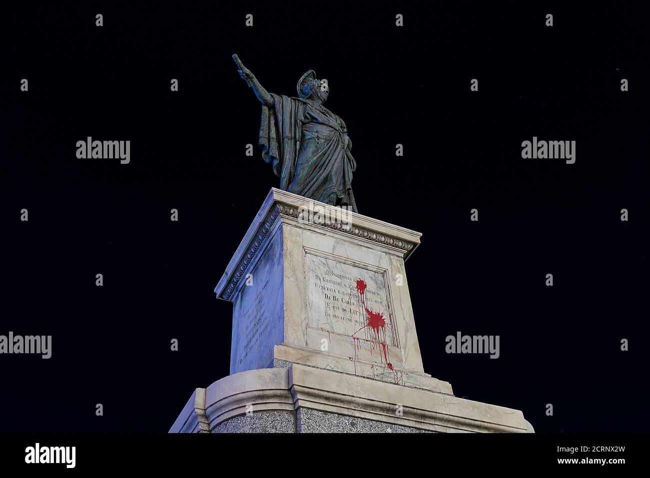Cagliari, Sardinia, Italy - September 18 2020: Vandalized bronze statue ...