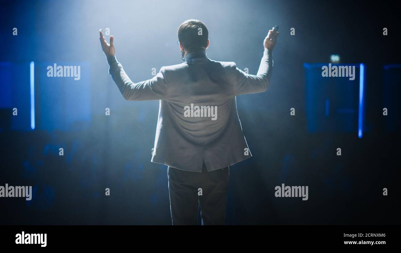 Back View of Successful Motivational Speaker, Talking about Happiness ...